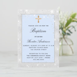 Baptism silver blue boy sparkles script invitation | Zazzle