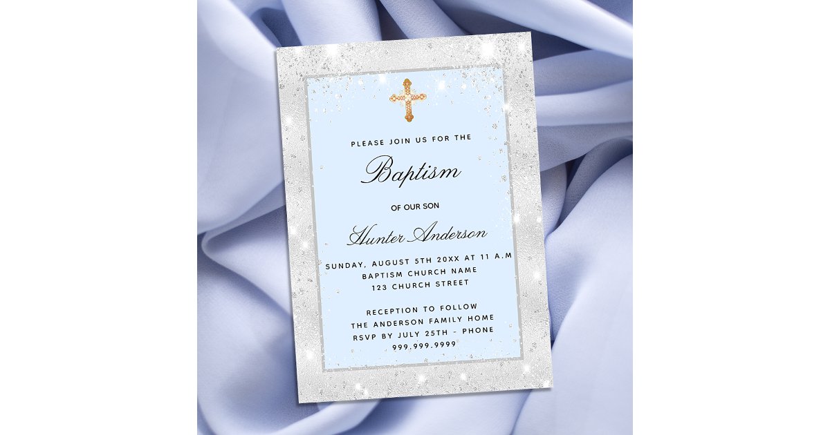Baptism silver blue boy sparkles script invitation | Zazzle