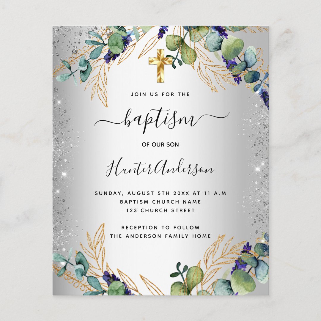 Baptism silver eucalyptus greenery invitation | Zazzle