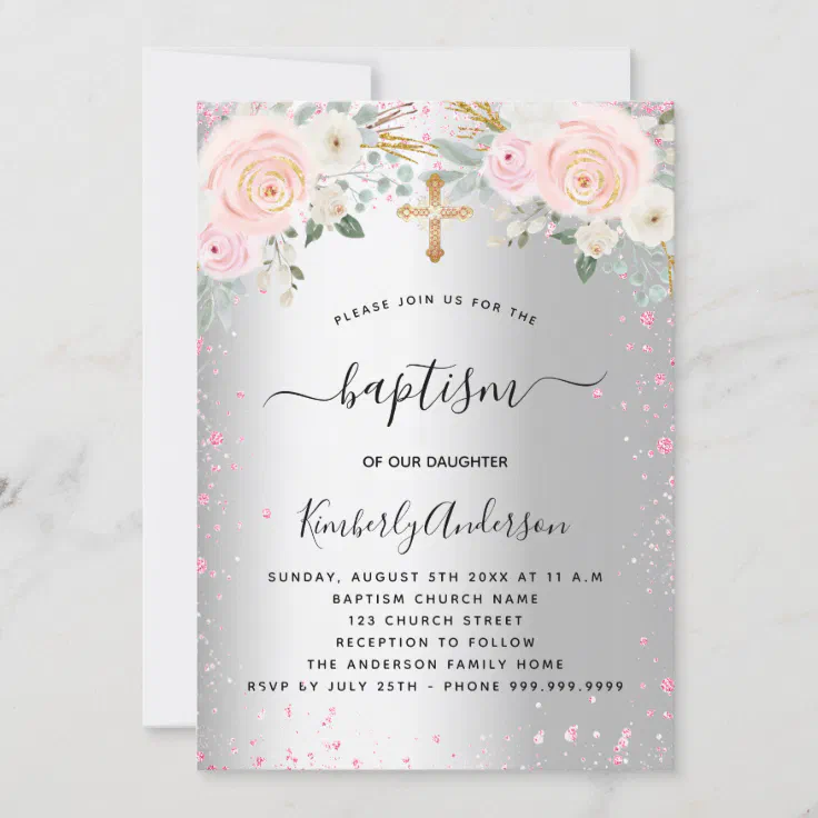 Baptism silver pink florals glitter girl elegant invitation | Zazzle
