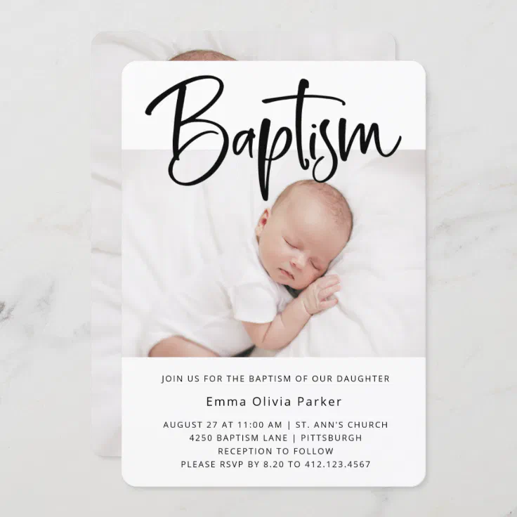 Baptism | Simple Minimal Black and White Two Photo Invitation | Zazzle