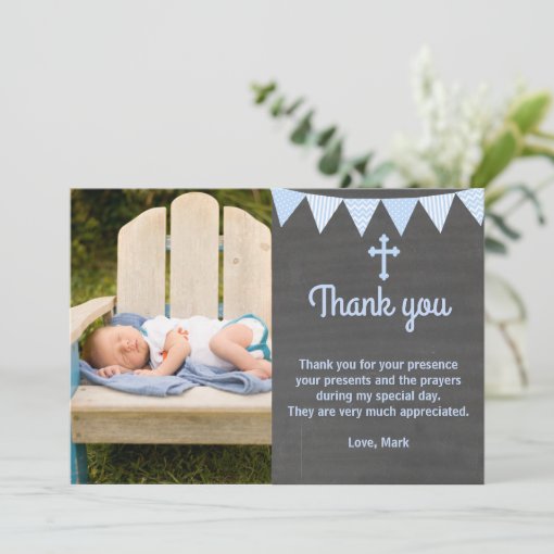 Baptism Thank You Note Photo Card Blue Chalkboard | Zazzle