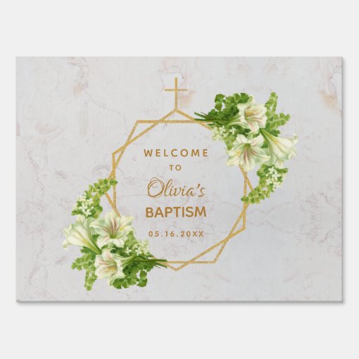 Baptism Welcome White Lilies Marble Gold Floral Sign | Zazzle