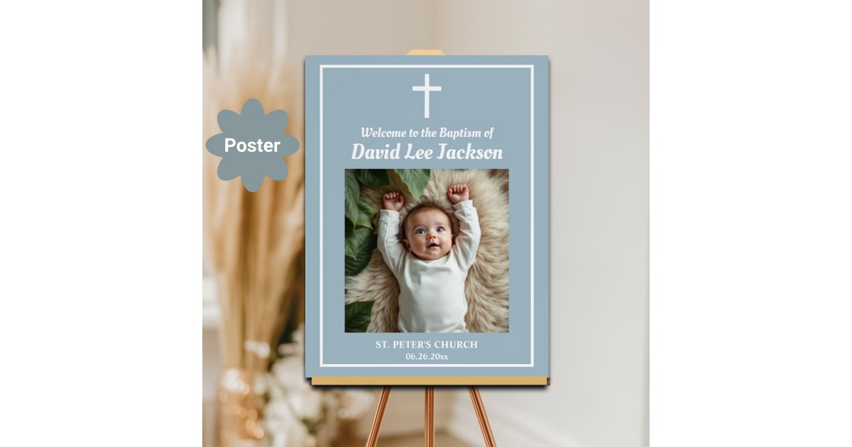 Baptism White Cross Dusty Blue 1 Photo Welcome Poster | Zazzle