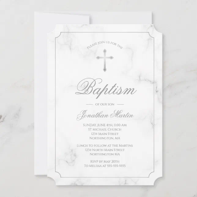 Baptism White Marble Silver Cross Script Boy Photo Invitation | Zazzle