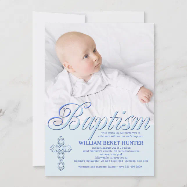Baptism Word Blue Photo Invitation | Zazzle