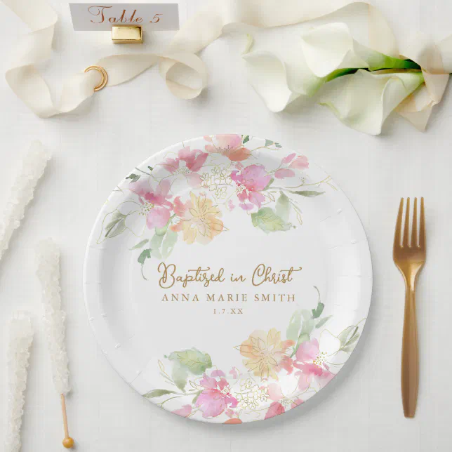 Baptized in Christ Pink Floral Custom Baptism Paper Plates | Zazzle