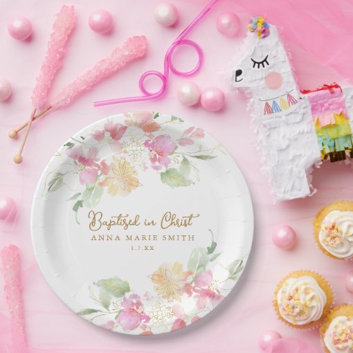 Baptized in Christ Pink Floral Custom Baptism Paper Plates | Zazzle