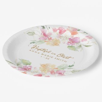 Baptized in Christ Pink Floral Custom Baptism Paper Plates | Zazzle