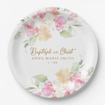Baptized in Christ Pink Floral Custom Baptism Paper Plates | Zazzle