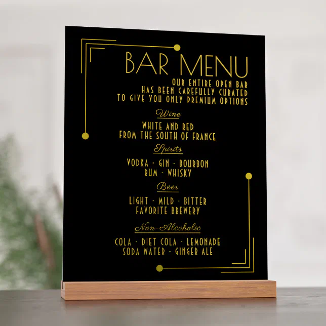 Bar Menu Art Deco 1920s Wedding Drinks Acrylic Sign | Zazzle