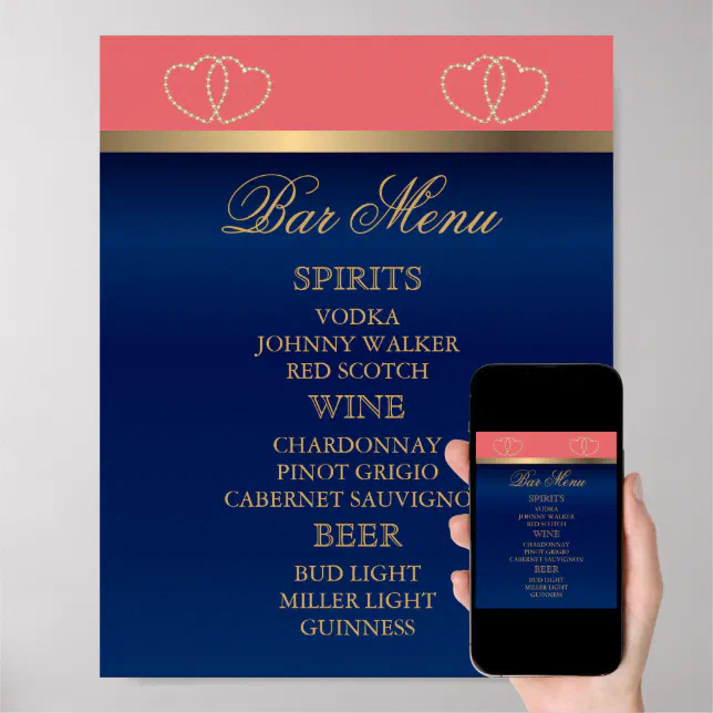 Bar Menu - Coral and Navy Blue with Gold Hearts Poster | Zazzle