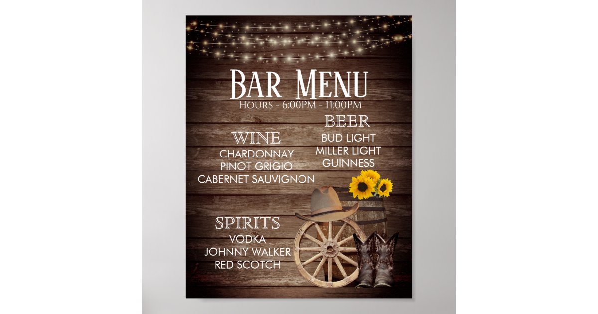 Bar Menu - Country Wood Barrel Wedding Poster | Zazzle