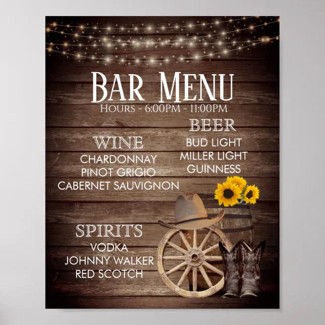 Bar Menu - Country Wood Barrel Wedding Poster | Zazzle
