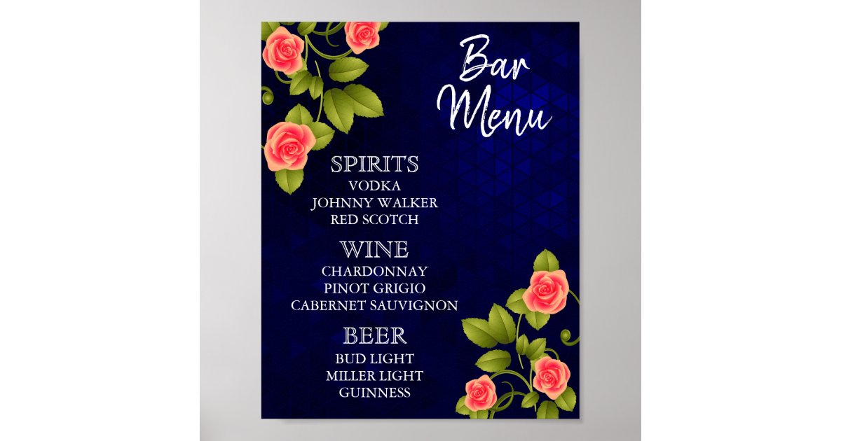 Bar Menu - Dark Blue and Coral Rose Flower Poster | Zazzle