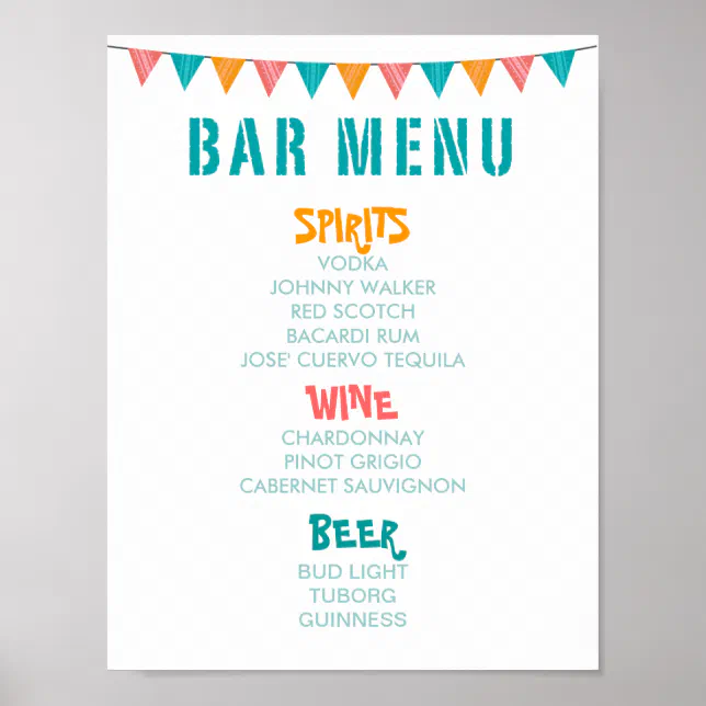BAR MENU Fiest style wedding and party reception Poster | Zazzle