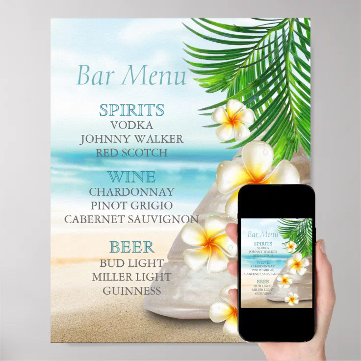 Bar Menu for A Wedding on the Beach Poster | Zazzle