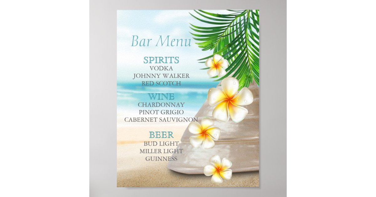 Bar Menu for A Wedding on the Beach Poster | Zazzle