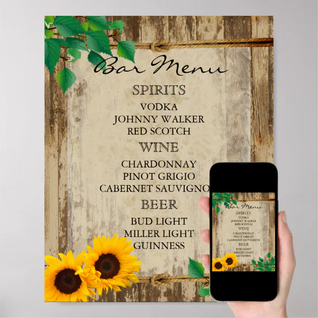 Bar Menu for A Wedding - Sunflower Poster | Zazzle