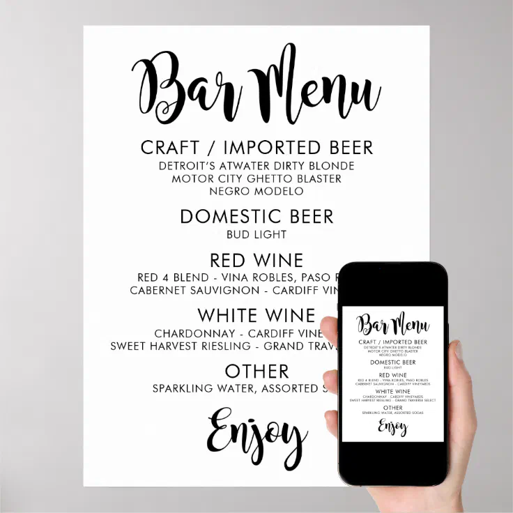 Bar Menu Modern Black Handwritten Script Wedding Poster | Zazzle