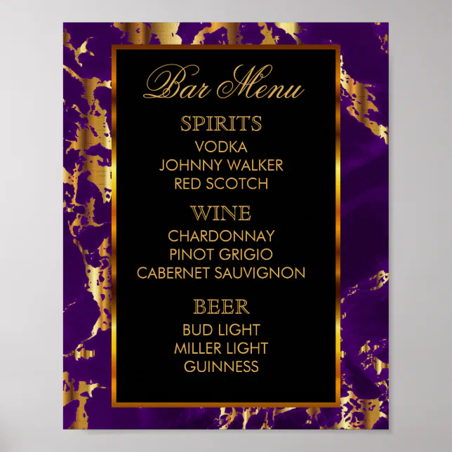Bar Menu - Purple and Gold Marble and Black Poster | Zazzle