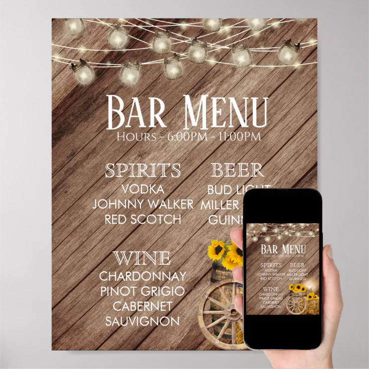 Bar Menu - Rustic Wood Barrel & Sunflowers Poster | Zazzle