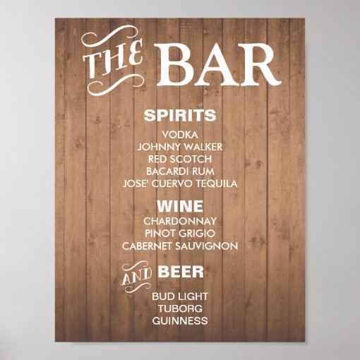 BAR MENU sign for wedding and party reception | Zazzle