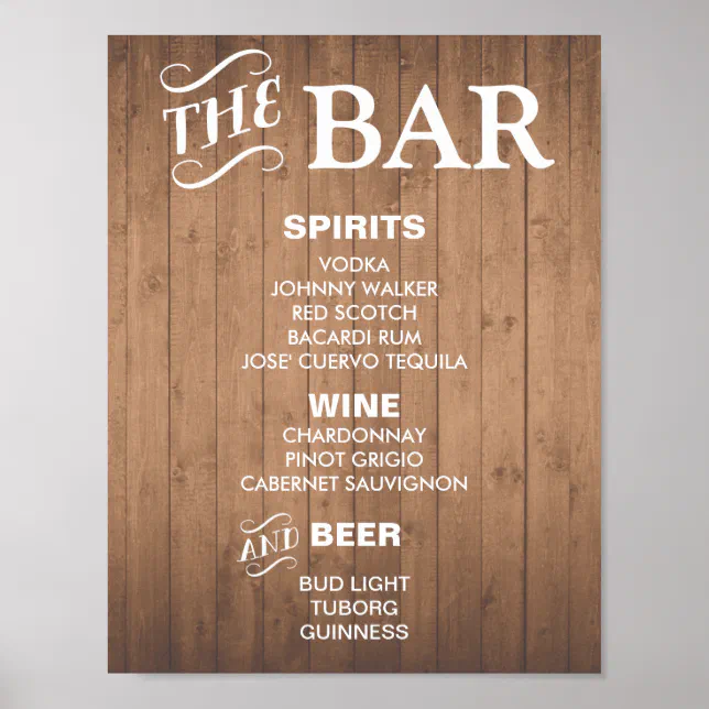 BAR MENU sign for wedding and party reception | Zazzle
