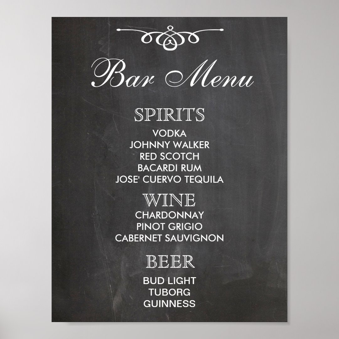BAR MENU sign for wedding and party reception | Zazzle