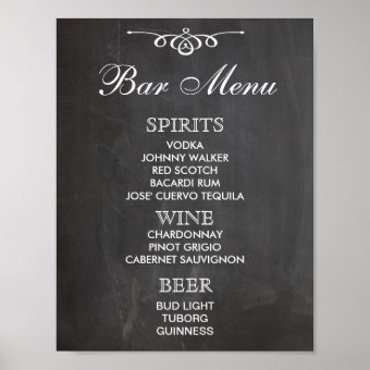 BAR MENU sign for wedding and party reception | Zazzle