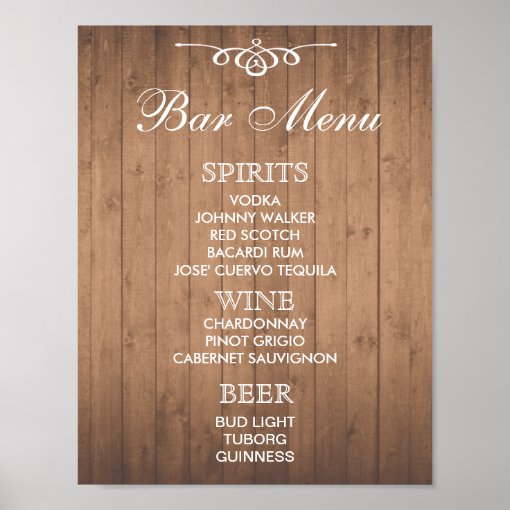 BAR MENU sign for wedding and party reception | Zazzle