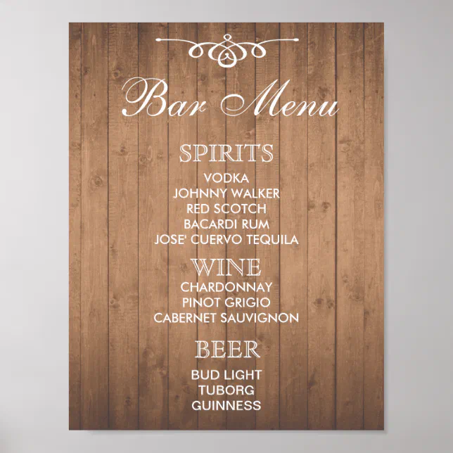 BAR MENU sign for wedding and party reception | Zazzle
