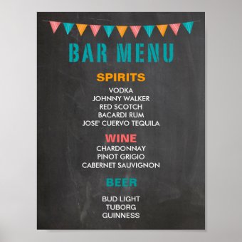 BAR MENU sign for wedding fiesta on chalkboard | Zazzle