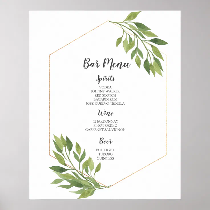 BAR MENU sign | green and gold botanical wedding | Zazzle