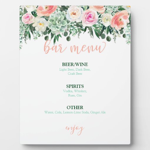 Bar Menu Sign - Succulent Wedding Plaque | Zazzle