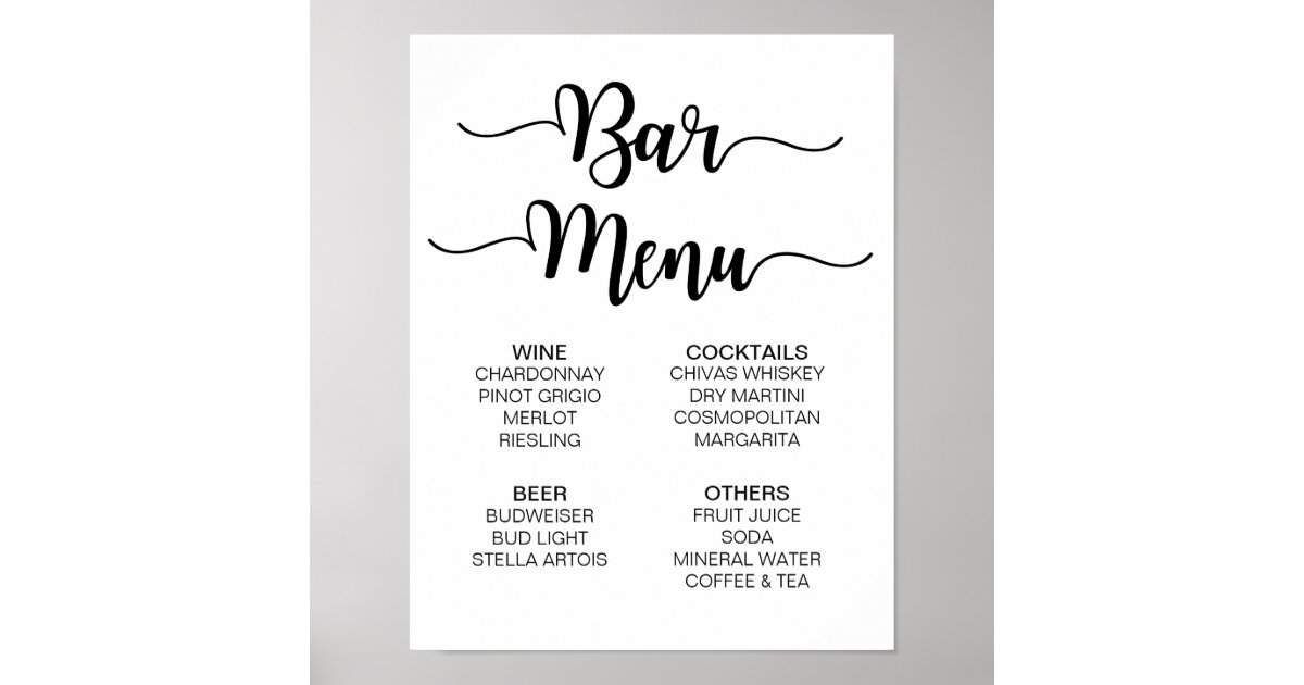 Bar Menu Wedding Sign | Modern Calligraphy | Zazzle