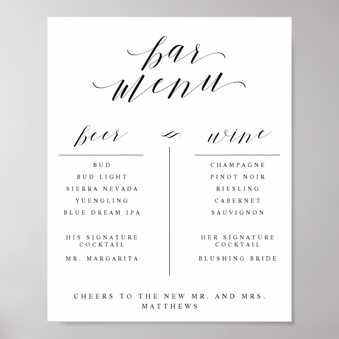 Bar Menu With Wine Beer and Cocktail List Sign | Zazzle