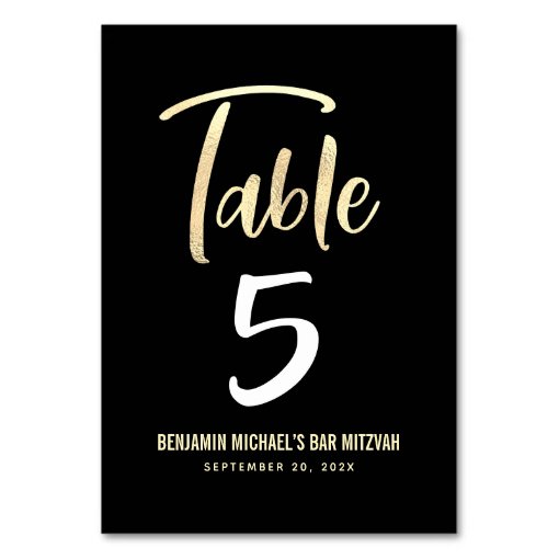 Bar Mitzvah Black Gold Script Modern Bold Elegant Table Number | Zazzle