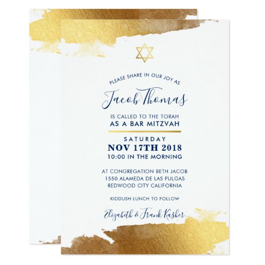 BAR MITZVAH INVITE modern gilded gold navy blue | Zazzle.com