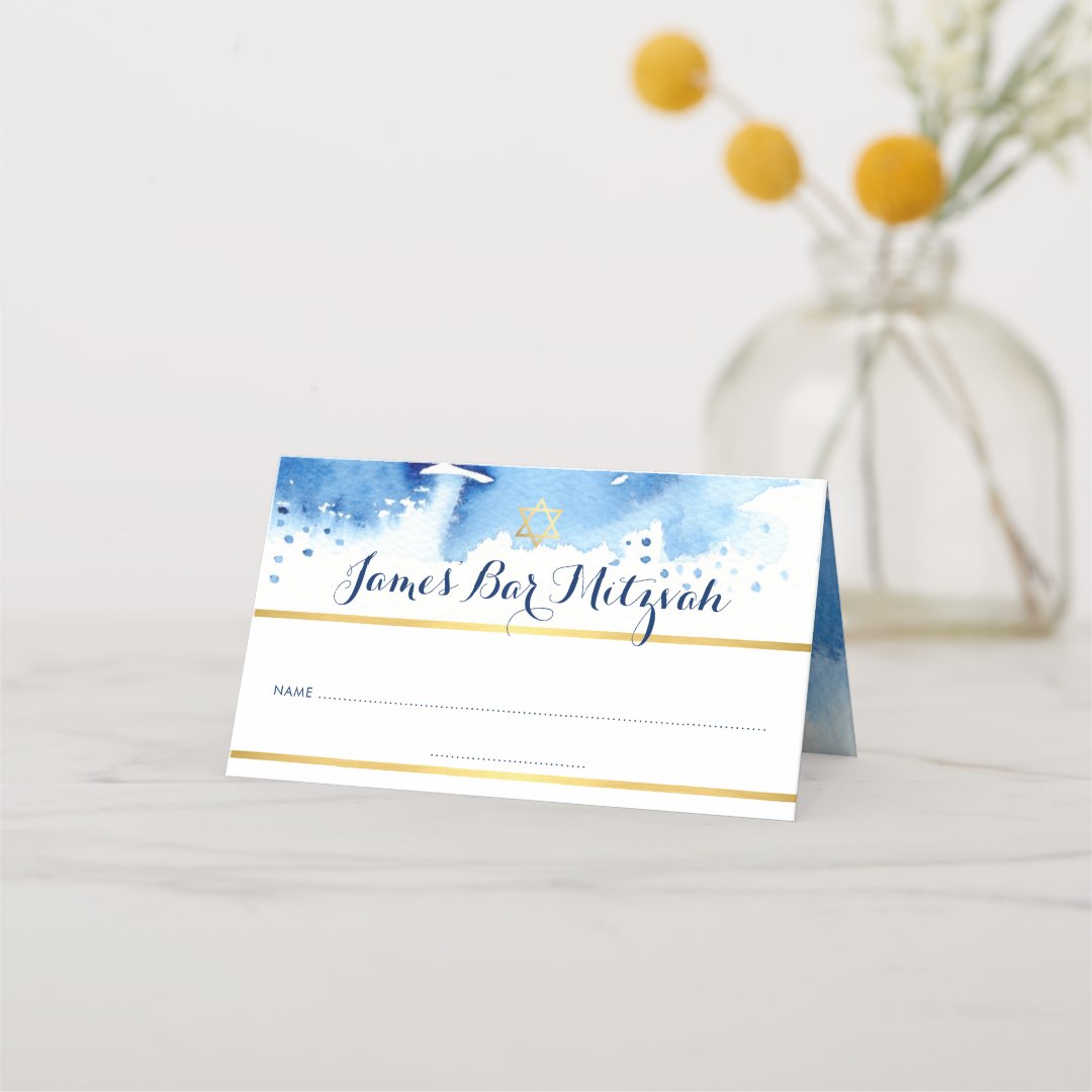 BAR MITZVAH modern blue watercolor gold foil star Place Card | Zazzle