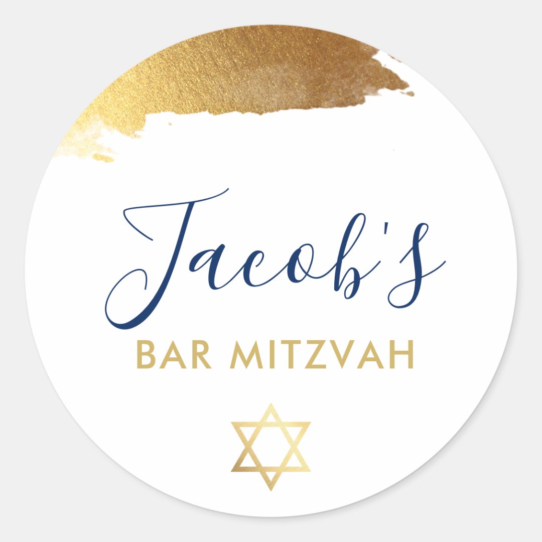 BAR MITZVAH modern luxe gilded gold navy blue Classic Round Sticker ...
