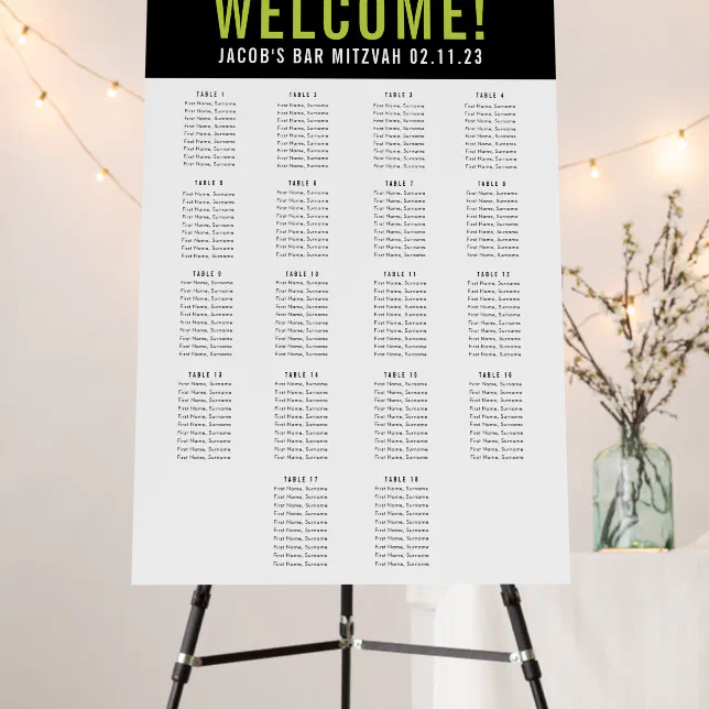 BAR MITZVAH SEATING CHART 18 table black lime Foam Board | Zazzle