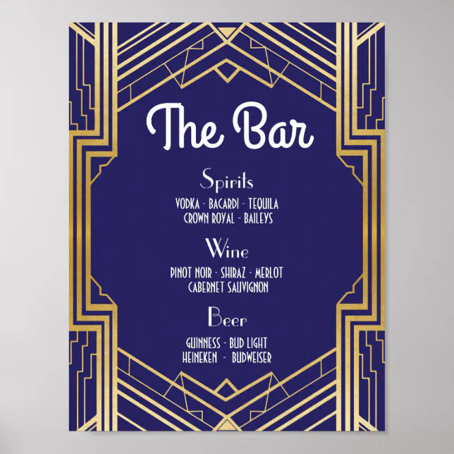 Bar Sign Wedding Reception 1920s Navy Art Deco | Zazzle