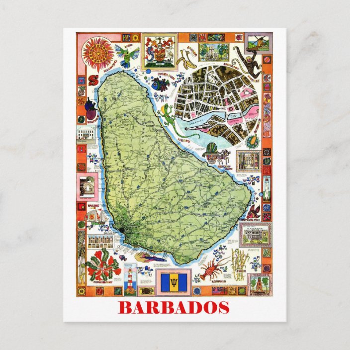 Barbados, isle map, tourist attractions, vintage postcard | Zazzle.com