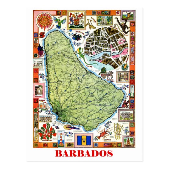 Barbados, isle map, tourist attractions, vintage postcard | Zazzle.com