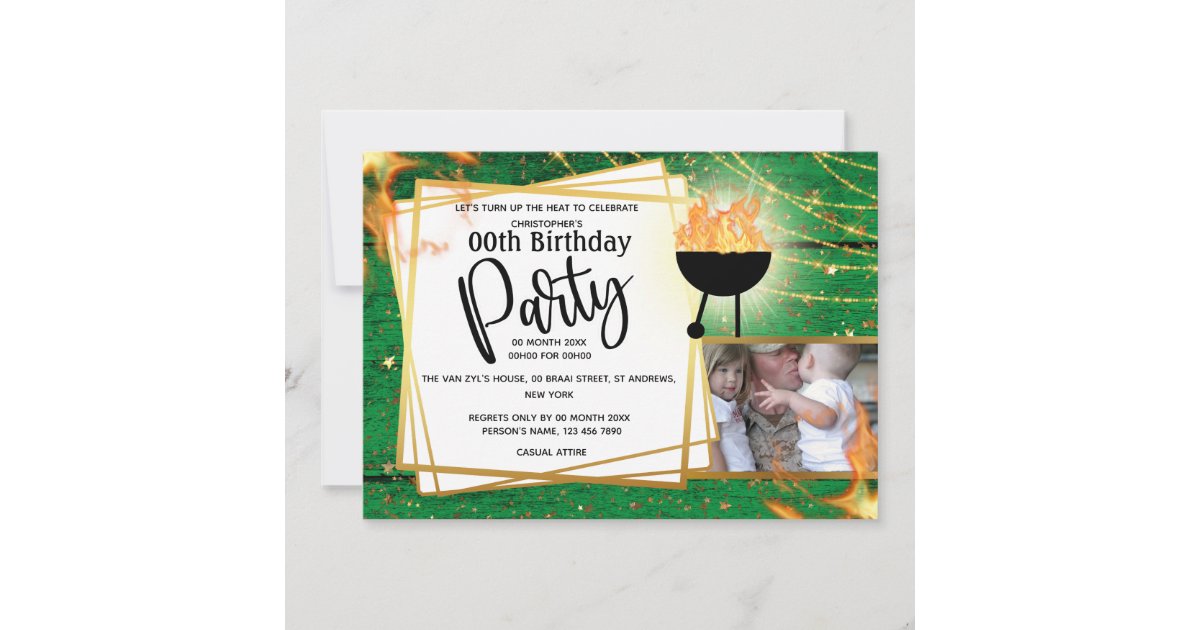 Barbecue flames string lights photo AGE birthday Invitation | Zazzle