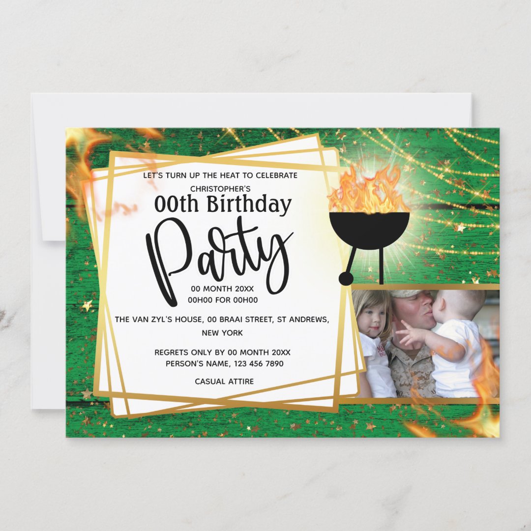 Barbecue flames string lights photo AGE birthday Invitation | Zazzle