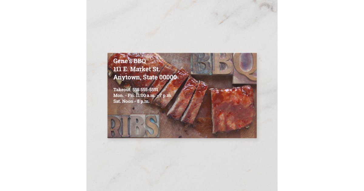 Barbecued ribs with wood type letters business card | Zazzle