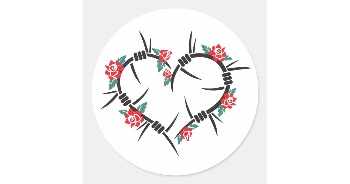 barbed wire heart & roses classic round sticker | Zazzle