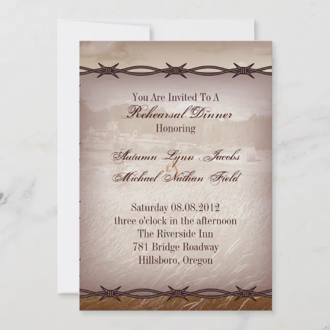 barbed wire western wedding rehearsal dinner invitation | Zazzle
